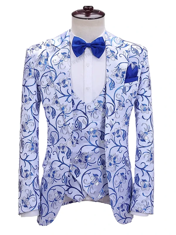 Luxury Silver and Blue Orchid Pattern Three Piece Shawl Lapel Wedding Tuxedos – zarayee